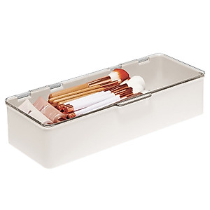 mDesign Long Plastic Cosmetic Storage Organizer Box Containers, Hinged Lid for Bedroom, Bathroom Vanity Shelf or Cabinet, Holds Masks, Palettes, Lotion, Nail Polish, 2 Pack, Cream/Beige/Clear