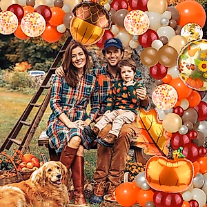 129pcs Fall Confetti Balloons, Huge Pumpkin Maple Pine Leaf Aluminum Foil Balloons Orange Brown Helium Latex Balloons for Birthday, Baby Shower, Thanksgiving, Friendsgiving Party Decorations Supplies