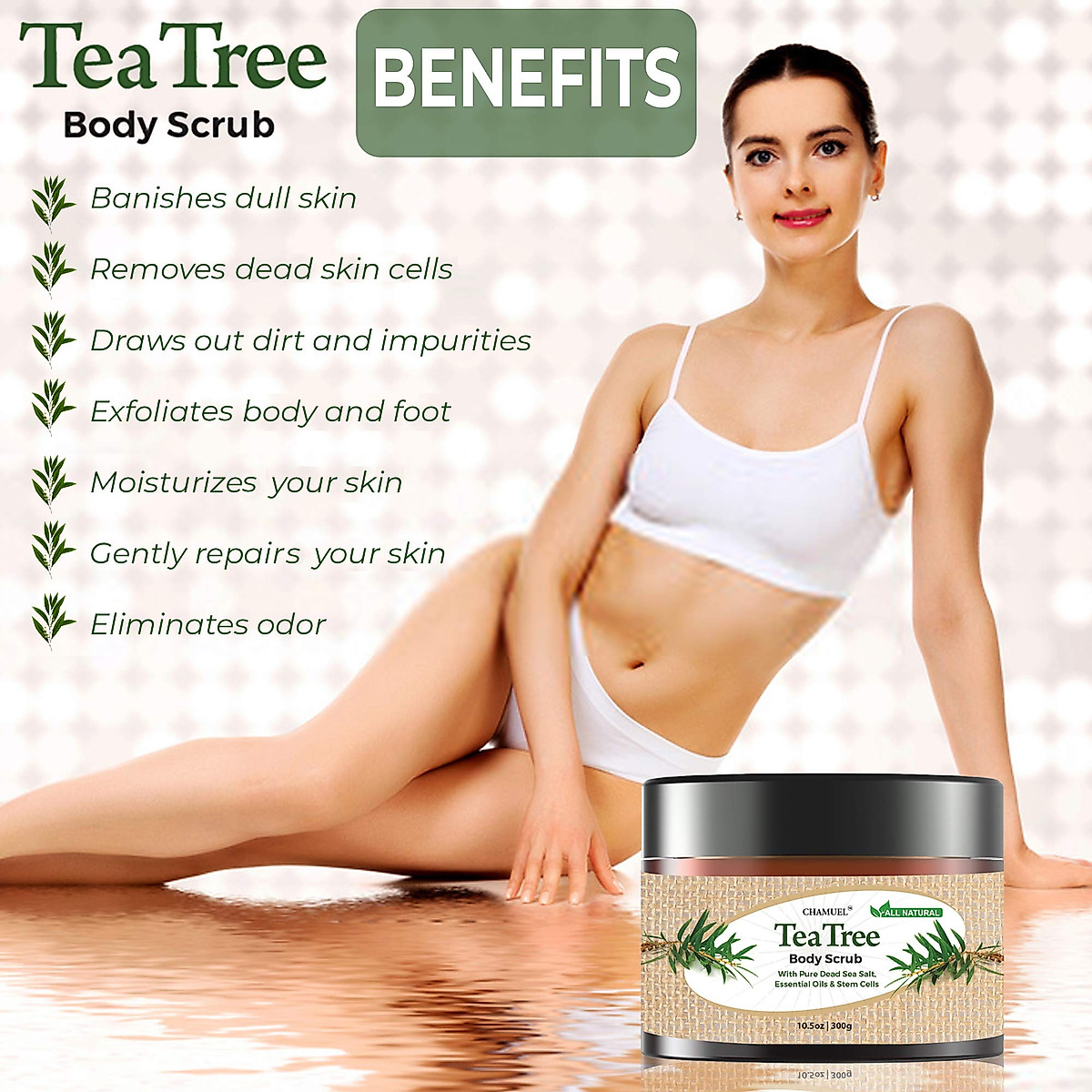Chamuel Tea Tree Body & Foot Scrub - 100% Natural Exfoliating Body Scrub with Dead Sea Salt, Plant-based Stem Cells, Ginger & Essential Oils– Rejuvenates & Soothes Dead & Dry Skin (15.1oz)