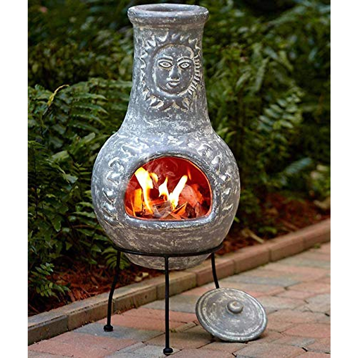 Outdoor Clay Chiminea Fire Pit Overall Size 34.2 inch Tall - Patio Handcrafted Chimenea, Backyard Fireplace with Cover Lid, Rustic Ceramic Chimney