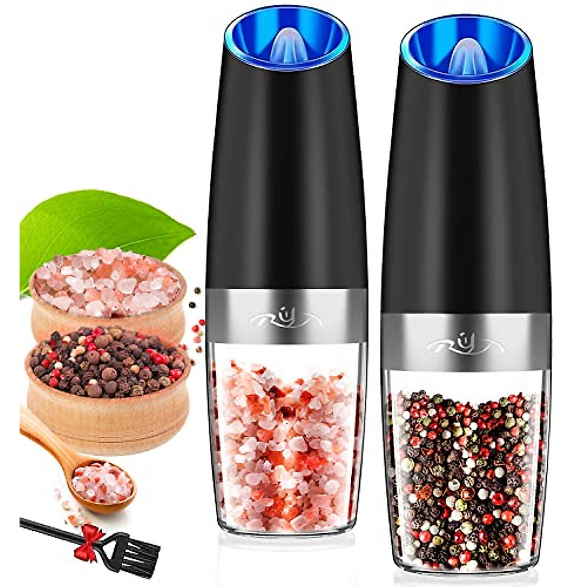 Gravity Electric Salt and Pepper Grinder Set, Automatic Pepper and Salt Mill Grinder Battery-Operated with Adjustable Coarseness, LED Light, One Hand Operated By Rongyuxuan