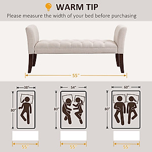 HOMCOM End of Bed Bench with Button Tufted Design, Upholstered Bedroom Entryway Bench with Arms and Solid Wood Legs for Bedroom, Beige