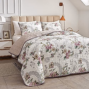 3 Pieces Quilt Set Full/Queen Size, Beige Floral Reversible Bedspread Coverlet Set, Soft Microfiber Lightweight Bed Cover for All Season (90" x 90", 1 Quilt+ 2 Pillow Shams)
