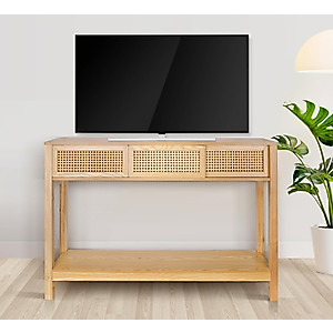 Long Console Table, Console Tables for Entryway, Rattan Entry Table Narrow Wood Console Table with Storage, Modern Couch Table Hallway Table Boho Sofa Table for Living Room