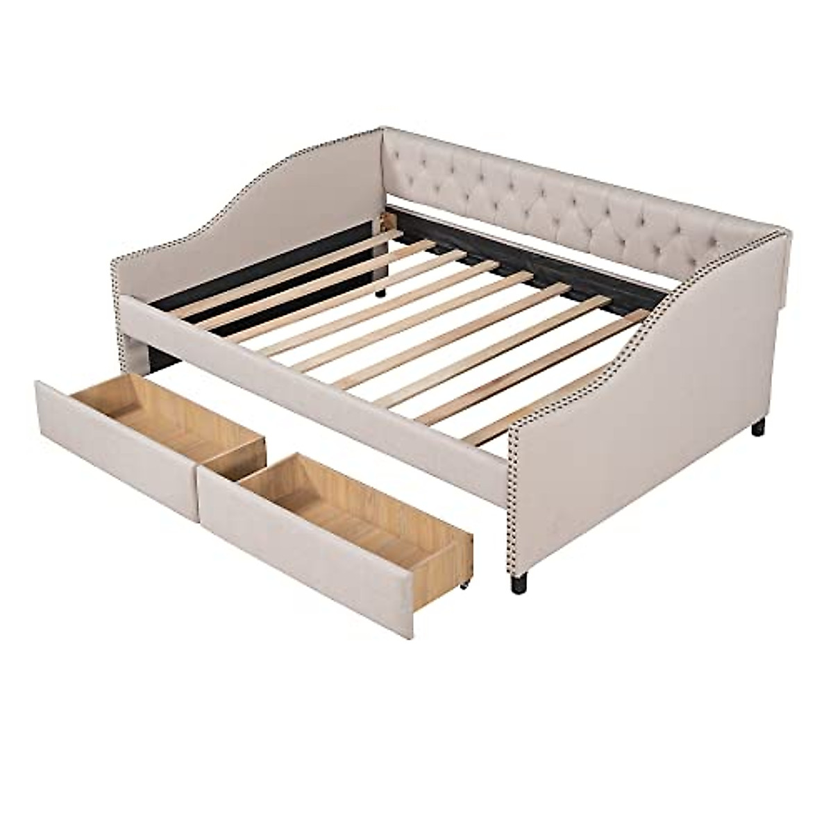 ODC Full Size Daybed with Two Storage Drawers,Solid Wooden Upholstered Daybed Dual-use Sofa Bed Bedframe w/Wood Slat Support & Safety Guardrails,Space-Saving Design & No Box Spring Needed