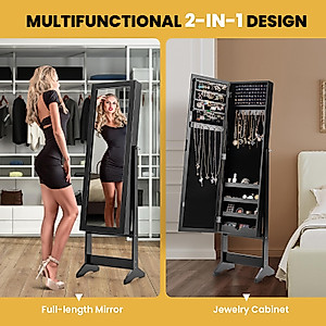 LOKO Freestanding Jewelry Armoire Cabinet, Jewelry Organizer with Full Length Mirror, Standing Makeup Mirror Cabinet w/ 3 Adjustable Angles & Large Storage Capacity, for Bedroom Dressing Room (Black)