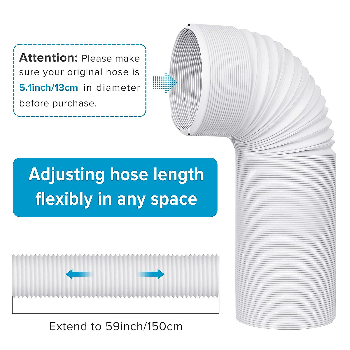 Portable Air Conditioner Hose, AC Hose with 5.1" Diameter, Counter Clockwise Thread & Length up to 59" AC Exhaust Hose for Portable AC Vent Compatible with Haier LG Delonghi Air Conditioner Parts