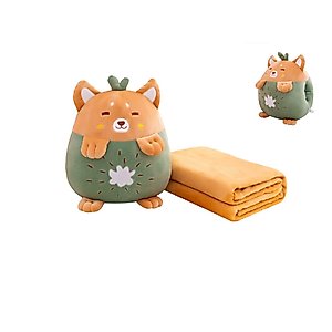 YUDONG 15" Kids Stuffed Animals Travel Blanket and Pillow Set,Cute Dog Plush Pillow with Hand Warmer Design,Perfect for Travel, Camping, Home and Office.