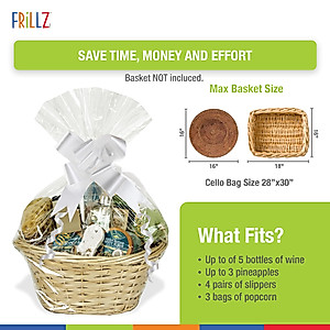 FRILLZ Cellophane Gift Basket Supply Kit, Includes 4 Clear Basket Bags, 4 Easy-pull Bows,4 gift tags and 24 adhesive dots. Create 4 elegant gift baskets with this kit.