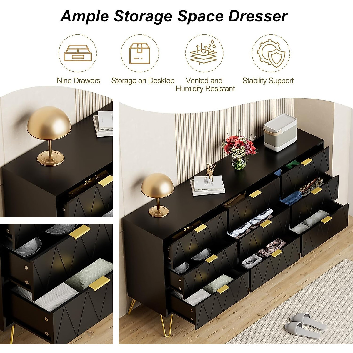 UEV Black Dresser for Bedroom,Modern 9 Drawer Triple Dresser with Gold Accents,Long Storage Dresser for TV Stand & Closet,Large Chest of Drawers for Living Room,Hallway,Entryway