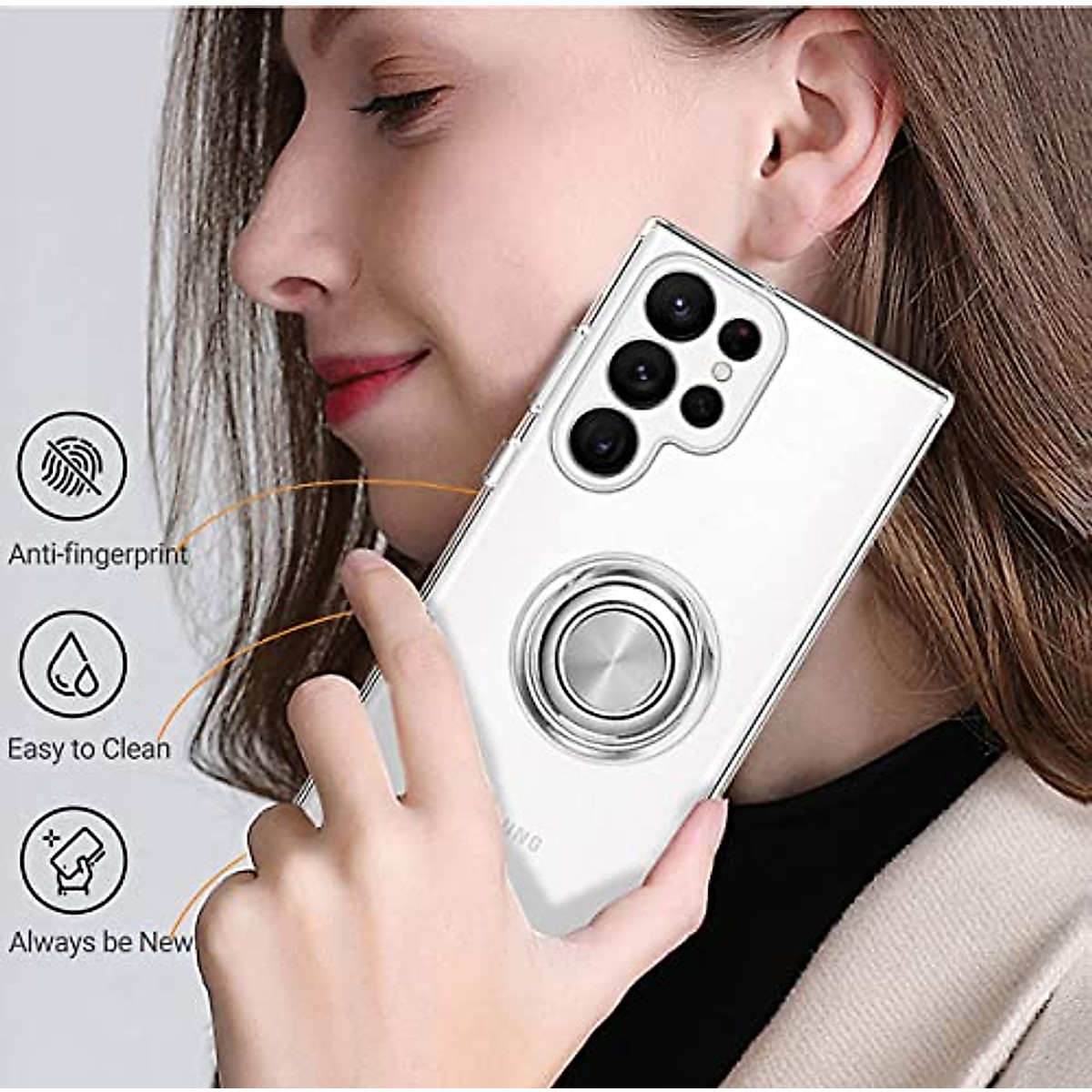 Guuboly Crystal Clear Samsung Galaxy S23 Ultra Case with Ring Holder Kickstand Not Yellowing Slim Thin Transparent Shockproof Protective Bumper Soft TPU Cover for Galaxy S23 Ultra Clear