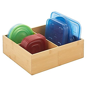 mDesign Bamboo Wood Kitchen Storage Bin Organizer for Food Container Lids and Covers - Use in Cabinets, Pantries, Cupboards - Large Divided Organizer with 3 Sections - 12" Long - Natural