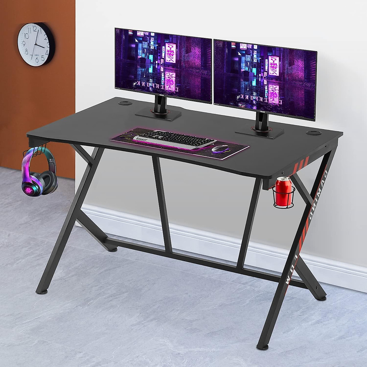 PayLessHere Computer Gaming Desk 35 Inch Z-Shaped PC Computer Desk Ergonomic Gaming Table Gamer Workstation Headphone Hook, Red