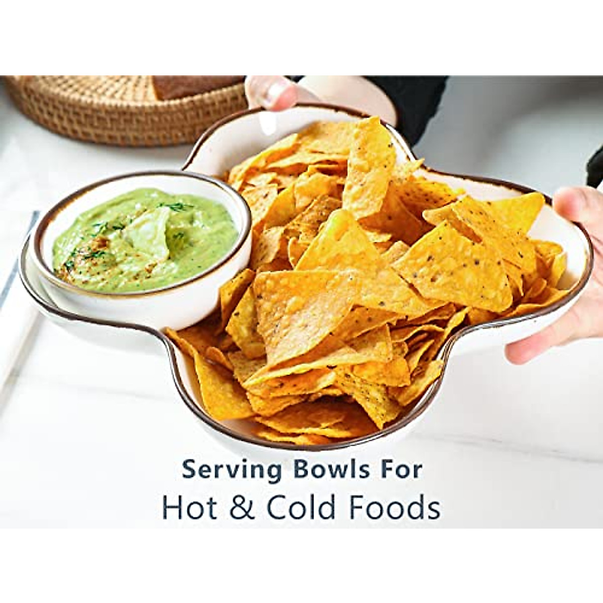 ONEMORE Chip and Dip Serving Set, 10 inch Ceramic Divided Serving Platter Large Appetizer Tray with 4 Removable Dishes for Nuts, Candy, Snacks, Veggies - Creamy White Serving Bowls for Entertaining