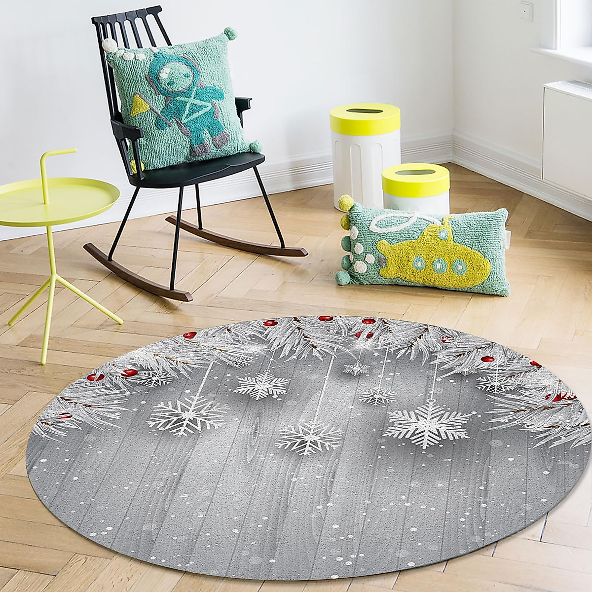 Christmas Pine Area Rug Carpet for Kids Teen Girls Boys Bedroom, Living Room, Washable Outdoor Indoor Accent Throw Runner Floor Mat Area+Rug Silver Tree Leaves Snowflake Farmhouse 3FT(Round)