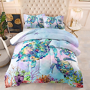 DYcolor Colorful Sea Turtle Bedding Quilt, 3-Piece Patchwork Tortoise Sea Aquarium Marine Life Comforter Set with 1 Comforter and 2 Pillow Cases for Kids, Teens (07, Queen)