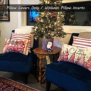 CARRIE HOME Pink Christmas Decorations Pink Christmas Tree Lumbar Pillow Covers 12x20 Set of 2 Pink Truck Decor Merry Christmas Outdoor Throw Pillows 12 x 20 for Porch and Patio (No Pillow Inserts)