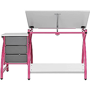 Offex 2 Piece Venus Craft Table with Angle Adjustable Top and 20.5" H Matching Padded Stool, Pink/White - Great for Home, Office, Kids Room and More