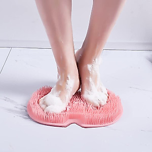 Shower Shower Foot & Back Scrubber，New Wall Mounted Back Scrubber, Silicone Bath Massage Cushion Brush with Suction Cups，Bathroom Wash Foot Mat Exfoliating Dead Skin Foot Brush (Pink)