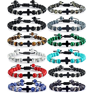 Svovin 12 Pcs Cross Beads Bracelet for Men Women 8mm Healing Lava Stone Bracelets Tiger Eye Stone Crystal Anxiety Beaded Bracelet Adjustable