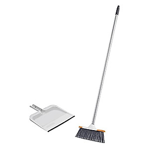 Superio Angle Broom and Clip-On Dustpan Set, Slim Hand Broom Telescopic Handle 53 Inches Tall, Clip On Dust Pan with Low Edge Rubber Lip