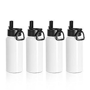 PYD Life Sublimation Water Bottle Blanks Sports Tumbler Cups White 25 OZ Wide Mouth Stainless Steel Vacuum Flask with Straw and Portable Handle for Cricut Mug Press and Tumbler Press Print 4 Pack