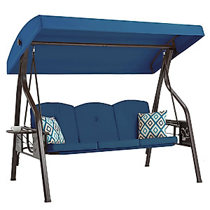 ZZW 3-Seat Outdoor Porch Swing with Stand, Patio Swing with Canopy, 2 in 1 Porch Swing Bed & Patio Swing Chair for Adult, Yard Swing w/Extra Pillows and Cup Holder (Blue)