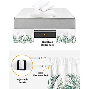 Tropical Bed Skirt Cal King Size 16 Inch Drop,Adjustable Elastic Wrap Around Bed Skirts Pleated Luxury Dust Ruffles for Twin Full Queen Cal King Bed,Country Rustic Green Palm Tree Leaves Eucalyptus