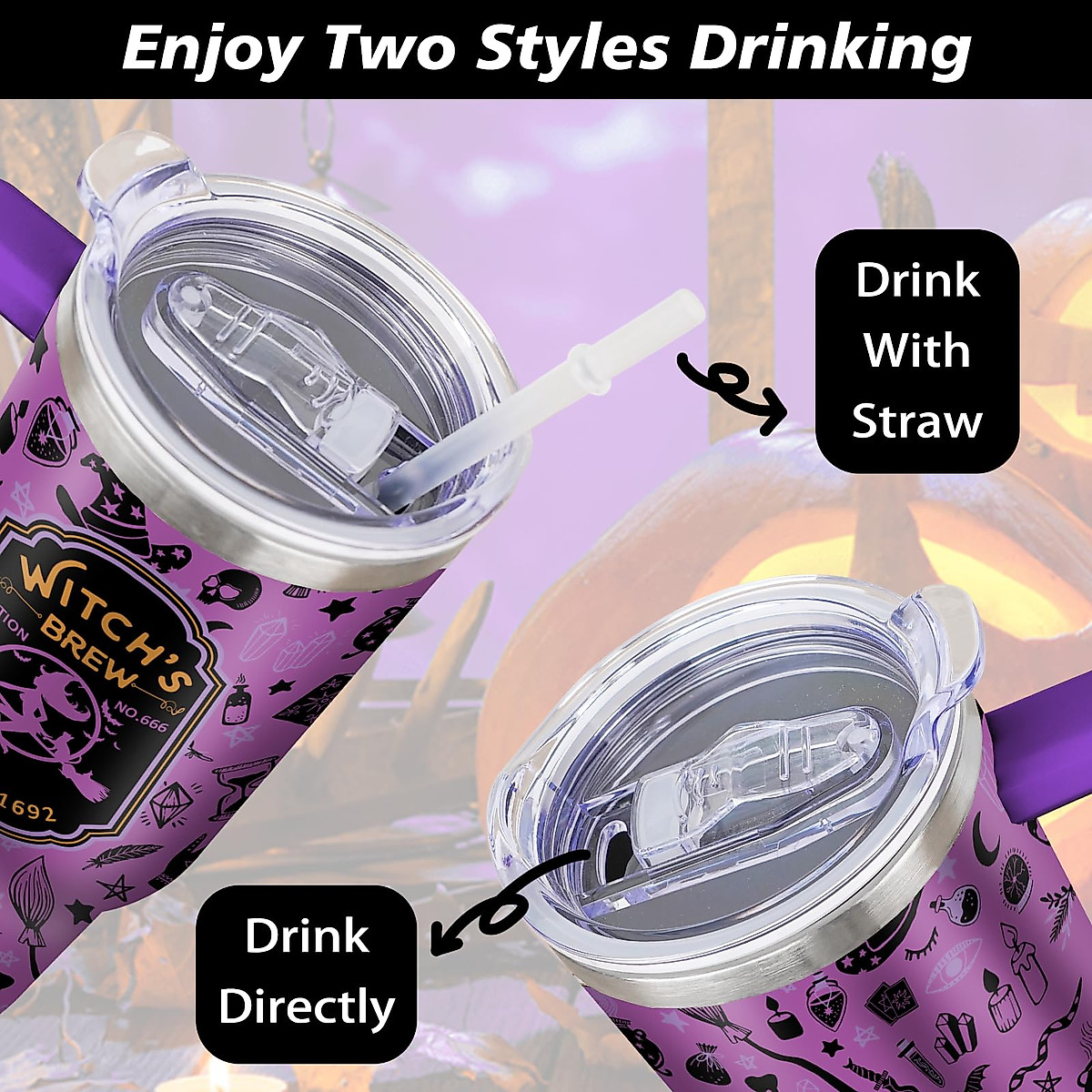 qoepfnsh Halloween Tumbler 40 oz Halloween Tumblers with Handle and Straw Purple Witchy Stainless Steel Insulated Coffee Cups Mugs Halloween Gifts Stuff for Women Girls