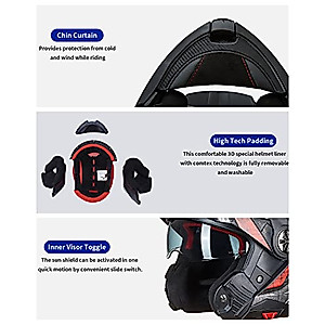 ILM Motorcycle Full Face Modular ATV Helmet Three in One Snowmobile Casco with Pinlock Anti Fog Visor for Men Women DOT Model-909F(Matte Black XXL)