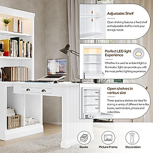 LZ LEISURE ZONE 2 Bookshelf & 1Desk Suite, 83.4" Modern Bookcase Suite with LED Lighting, Drawers and Open Shelves, 3-Piece Set Storage Bookshelf for Living Room/Home Office/Study Room, White