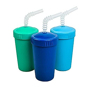 Re-Play Made in USA 10 Oz. Straw Cups for Toddlers, Pack of 3 - Reusable Kids Cups with Straws and Lids, Dishwasher/Microwave Safe - Toddler Cups with Straws 3.13" x 5.5", True Blue