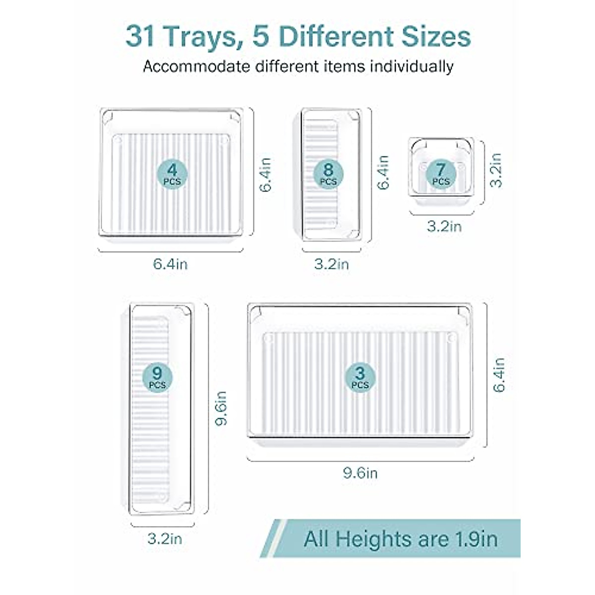 Kootek 31 Pcs Desk Drawer Organizer Set 5-Size Bathroom Drawer Tray Dividers Versatile Storage Bins Plastic Vanity Trays Organizers Divider Container for Dresser Makeup Kitchen Utensil Office