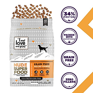 I and love and you Nude Super Food Dry Dog Food - Turkey + Chicken - Prebiotic + Probiotic, Grain Free, Real Meat, No Fillers, 23lb Bag