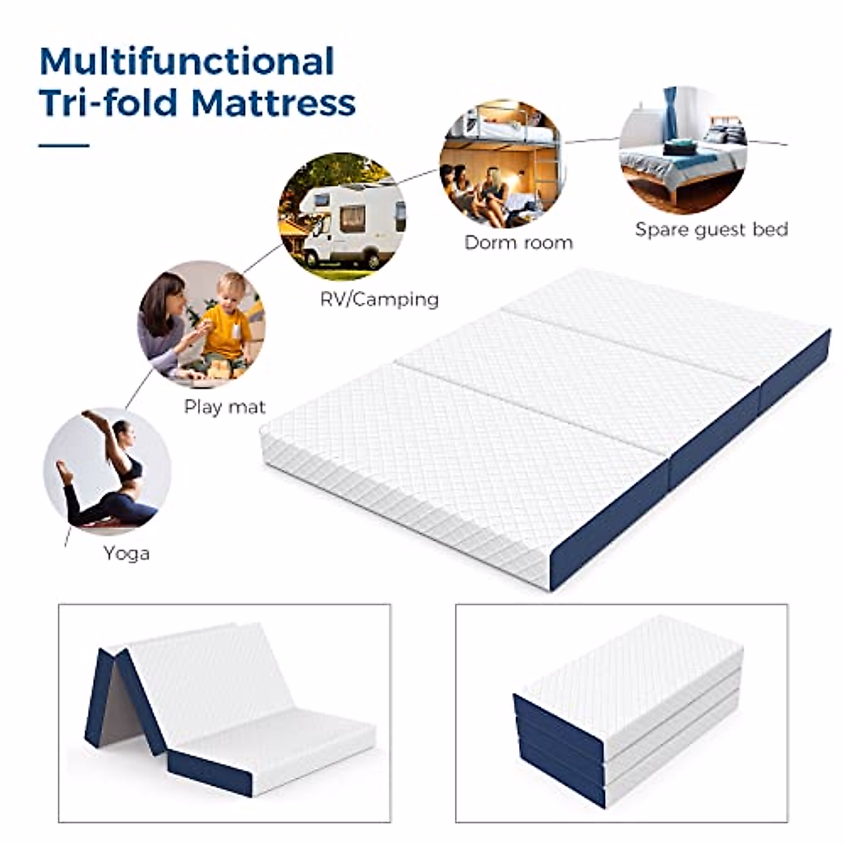 Inofia Trifold Mattress 6 Inch, Full Folding Memory Foam Mattress with No-Fiberglass Knitted Removable Cover, Portable Foldable Floor Mattres in a Box for Traveling, Camping, Guest Bed