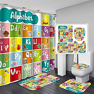 Apqdw Alphabet Shower Curtain Set for Bathroom, Alphabet Bathroom Sets with Shower Curtain and Rugs, Kids ABC Educational Learning Shower Curtain 72x72 Inches (Alphabet)