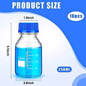Chuarry 16 Pieces Media Storage Bottles Borosilicate Storage Glass Bottle Scientific Round Graduated Media Bottle with Blue Gl45 Screw Cap for Lab Water Reagent Liquids (250 ml)
