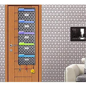 Hanging File Organizer, Over Door File Organizer Wall Mounted Storage Holder Pocket for Magazine, Notebooks, Planners, Mails, Office, Classroom, 5 Extra Large Pockets with Labels, 50.39" H, Grey with Lantern Pattern