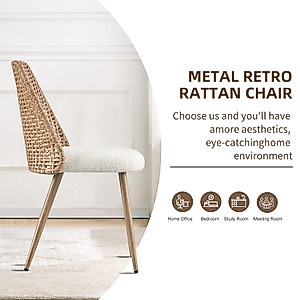 JALOURT Rattan Dining Chairs Set of 4,Accent Upholstered Boucle Kitchen Room Chairs,Mid Century Modern Dining Room Chairs with PE Cane Back and Metal Legs for Kitchen/Restaurant/Dining Room,Brown