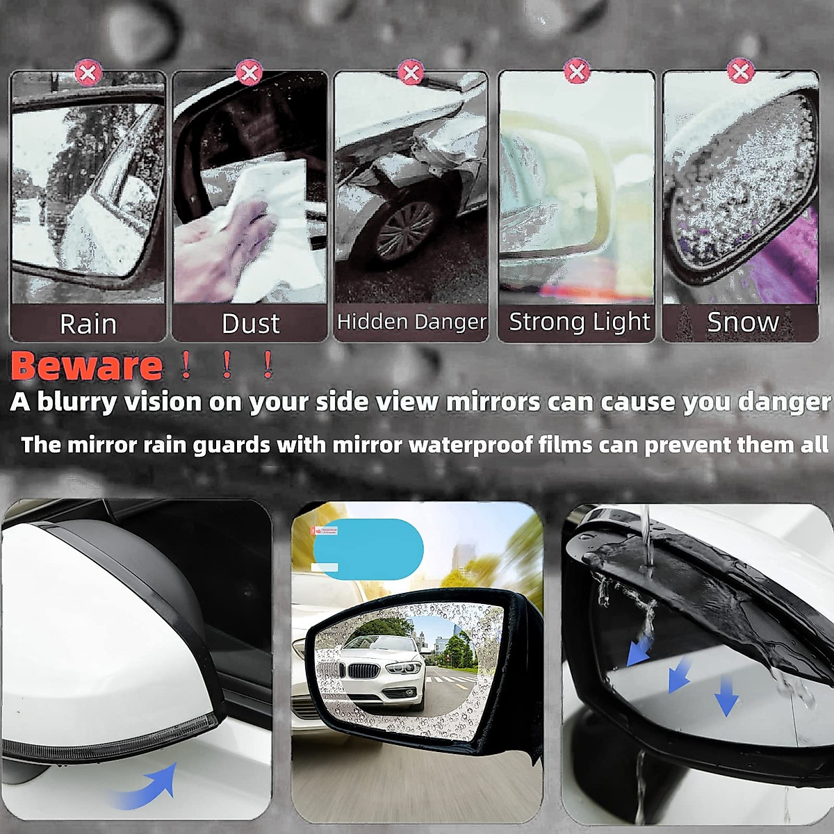 2 Pcs Mirror Rain Visor Eyebrow 2 Pcs Car Waterproof Film Anti Rain Mirror Film，Waterproof Auto Mirror Rain Visor Guard for Most Car Truck SUV