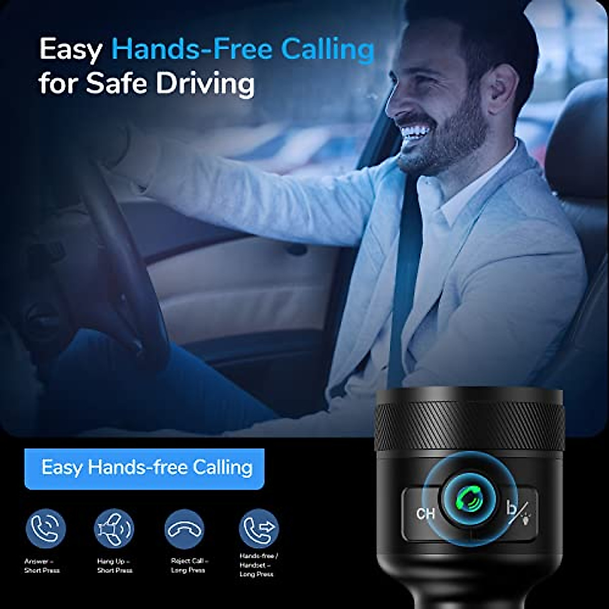 Syncwire Bluetooth 5.1 FM Transmitter for Car, 38W PD&QC3.0 Fast Charger Wireless Radio Adapter Bass Sound Music Player Car Kit with Hands-Free Calling Support USB Drive