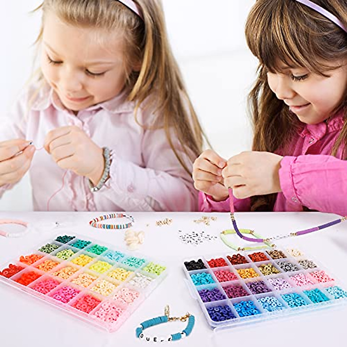 Quefe 6300pcs Clay Heishi Beads with 130pcs Letter Beads, Polymer Flat Round Disc Beads Kit with Elastic String, Pendant, and Jump Rings, for DIY Jewelry Marking Bracelets Necklace, 48 Colors 6mm