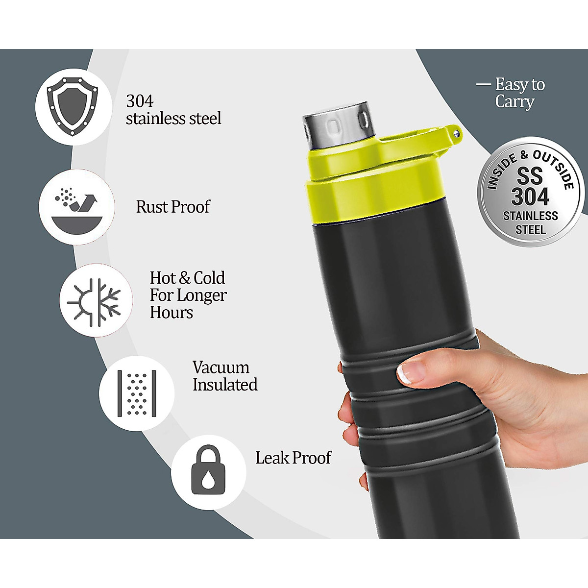 Milton Amigo 800 Vacuum Insulated Thermosteel Water Bottle/Flask | 22 oz | 660 ml |Hot & cold for longer hours | 18/8 Stainless Steel, BPA Free, Food Grade, Leak-Proof | Black