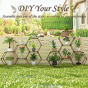 Allinside Hexagonal Plant Stand Indoor, Wood Outdoor Plant Shelf for Plants, 7 Potted Ladder Plant Holder Transformable Plant Pot Stand for Corner Window Garden Balcony Living Room - 7 Tiers