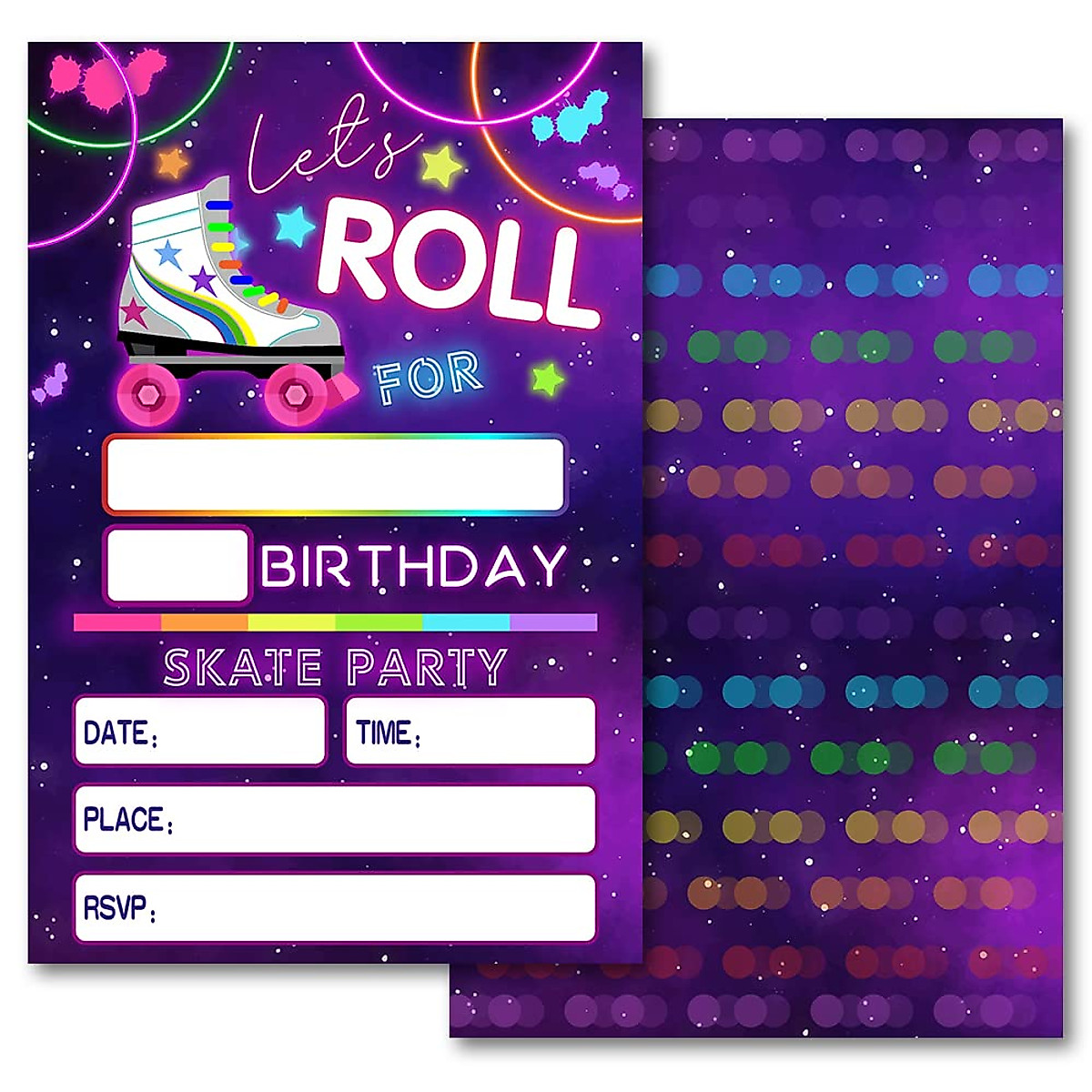 Neon Glow In The Dark Party Invitation, Glow Birthday Invitation, Rainbow Stars Space Birthday, 20 Invitations and Envelopes, Birthday party Invitations, Birthday Party Supplies.(070) (069)