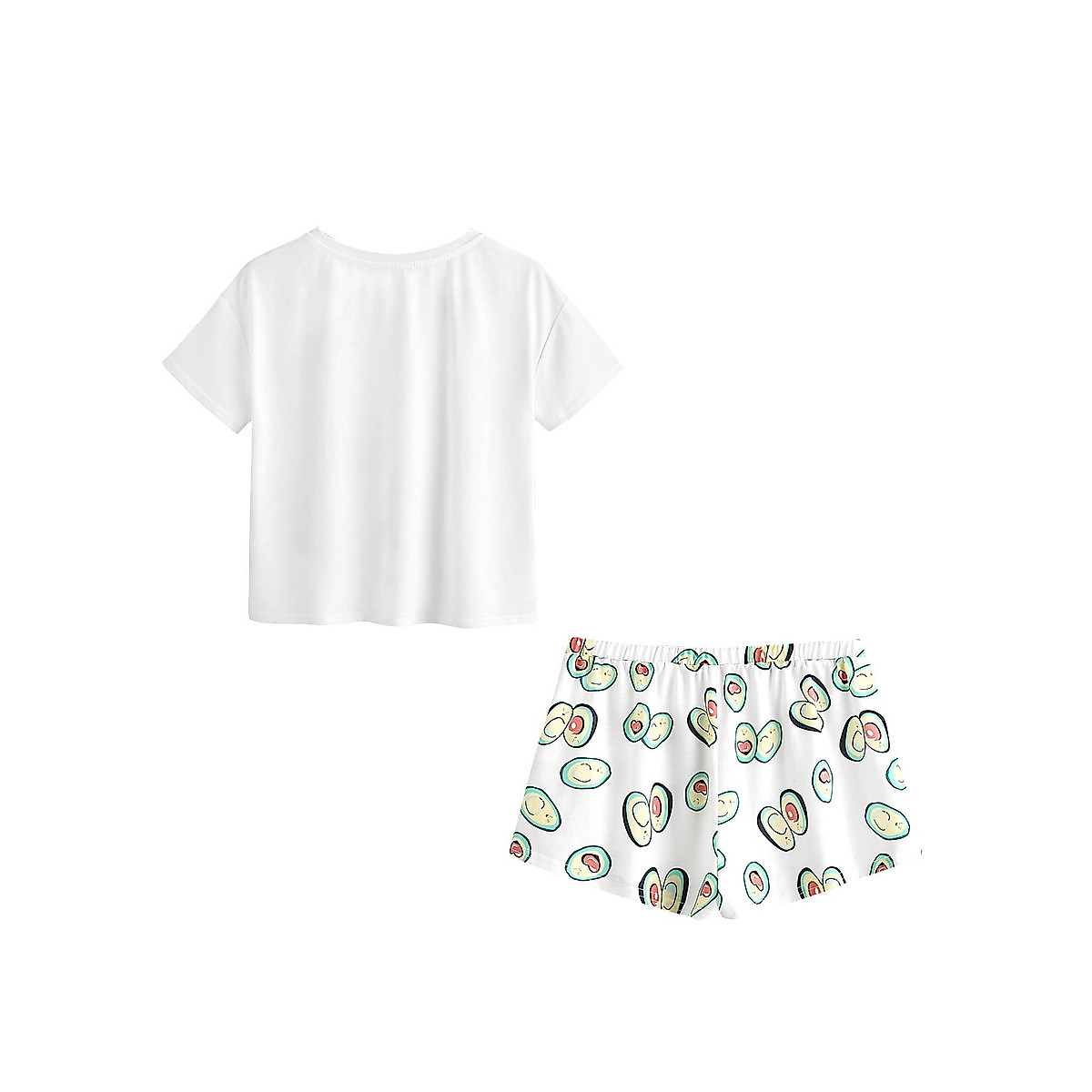 DIDK Women's Cute Cartoon Print Tee and Shorts Pajama Set Avocado White Large