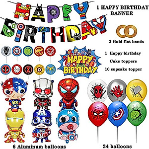 Superhero Party Supplies,Avengers Birthday Decoration-Superhero Birthday Party Banner,Superhero Balloons,Toppers Cake Toppers,6 Pcs Avengers Large Foil Balloons for Kid's boy Themem Party(44PCS)