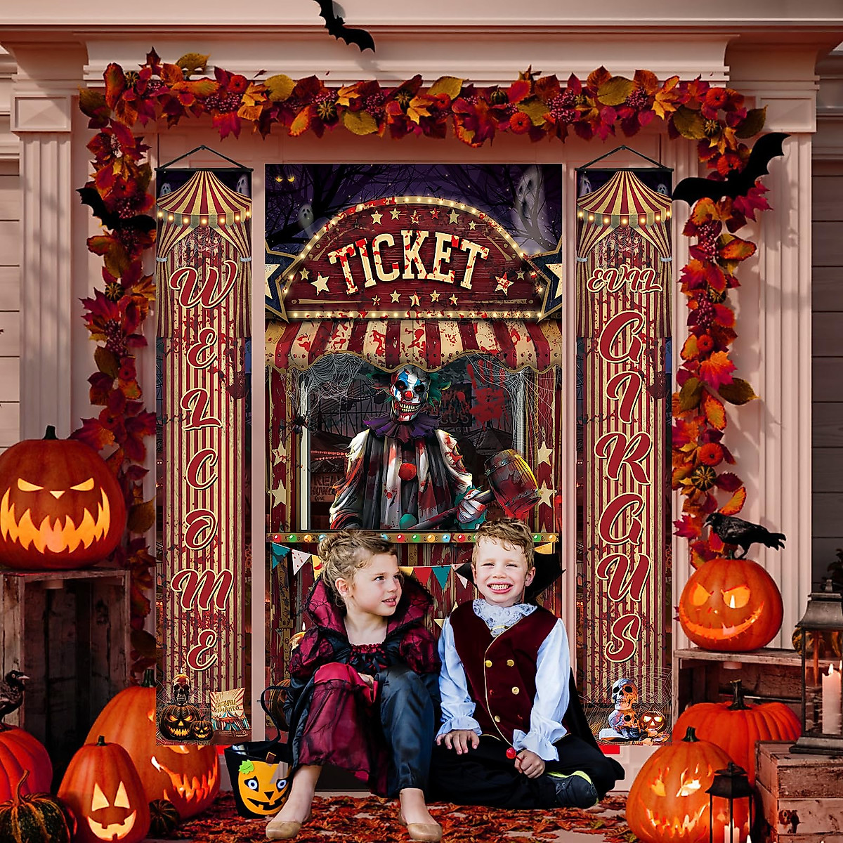 3 Pcs Halloween Creepy Carnival Decorations Scary Ticket Booth Circus Theme Door Cover and 2Pcs Evil Circus Porch Banner for Halloween Eve Circus Theme Outdoor Decorations