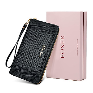 Leather Wallets for Women, Split Cowhide Crocodile Skin Pattern Gift Box Packaging Ladies Fashion Clutch Purses with Wristlet Womens Zipper Long Wallets Women's Credit Card Holders (Black)