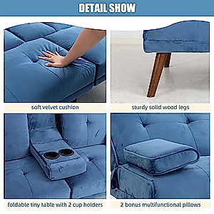 Shintenchi 60" Small Loveseat, 3 in 1 Cute Convertible Sofa Bed, Modern Futon Recliner Sleeper w/2 Cup Holder, Upholstered Folding Couch for Small Space, Blue